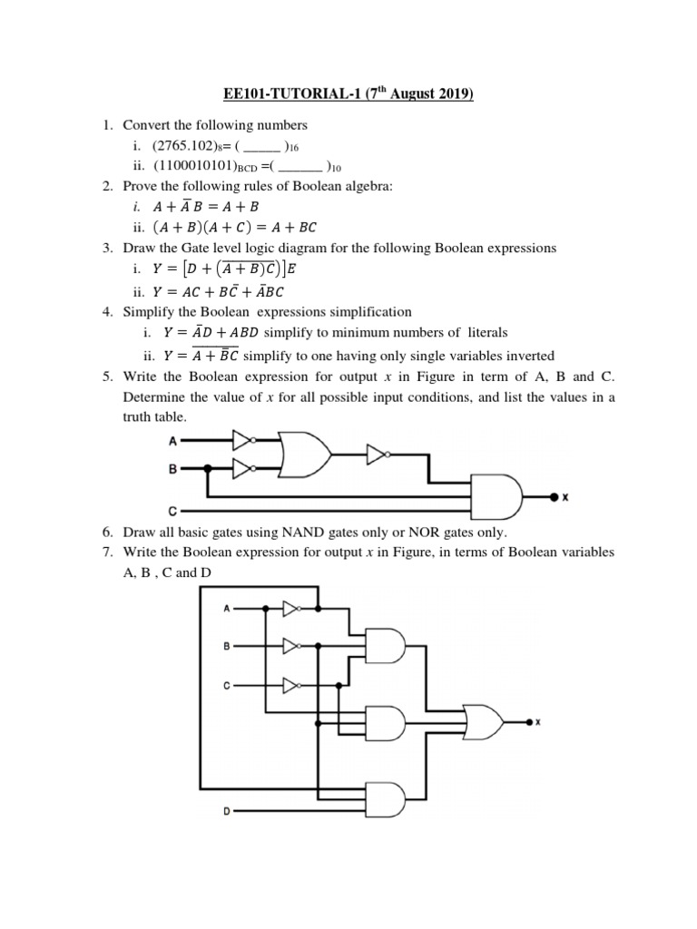 EE101 Tutorial 1 Digital Logic Problems | PDF | Boolean Algebra | Teaching Mathematics