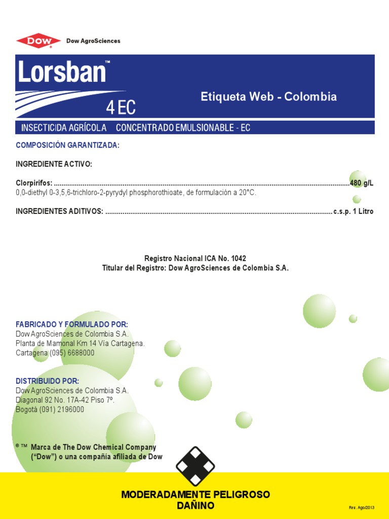 DF-label-Lorsban 4 EC PDF | PDF | Control biológico de plagas | Agua