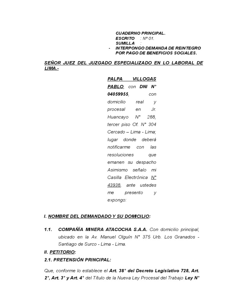 Demanda de Beneficios Sociales | PDF | Demanda judicial | Derecho laboral