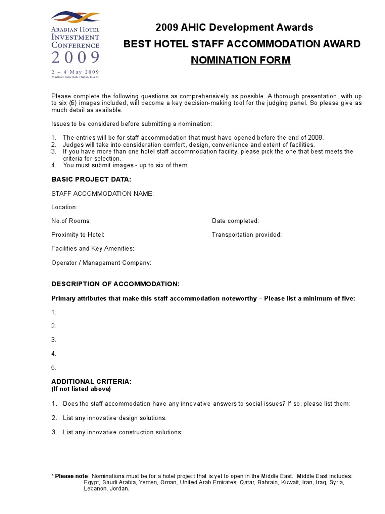 2009 AHIC Development Awards Nomination Form for Best Hotel Staff ...