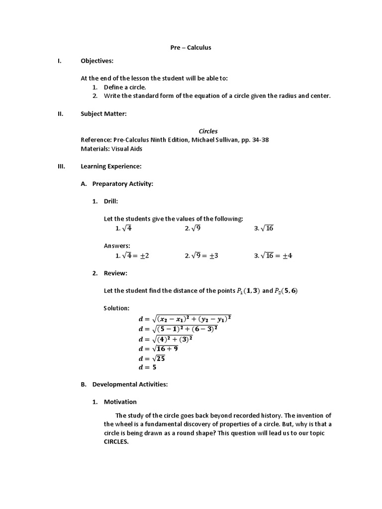 Pre - Calculus I. Objectives:: Circles | PDF | Radius | Equations