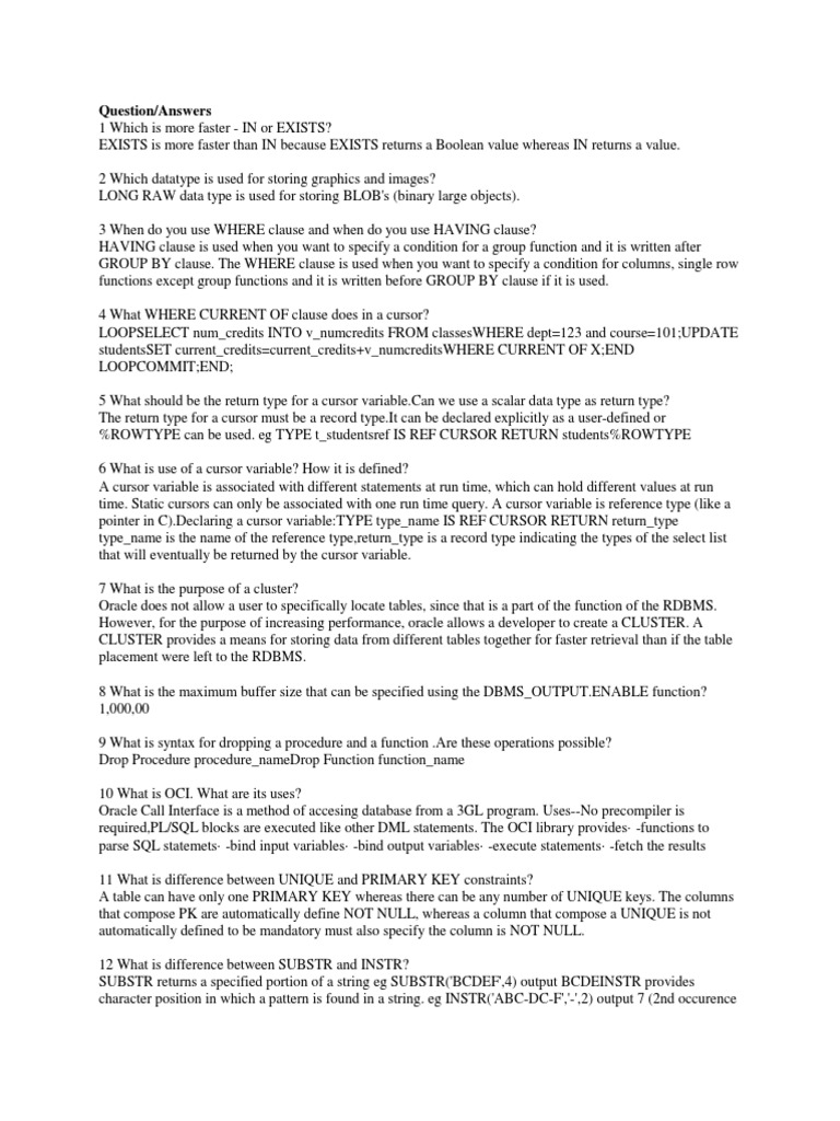 SQL - Questions & Answers | PDF | Pl/Sql | Parameter (Computer Programming)