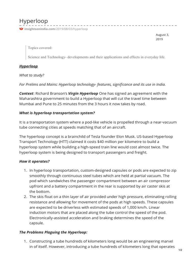 Hyperloop Technology: Features & Challenges | PDF | Hyperloop ...