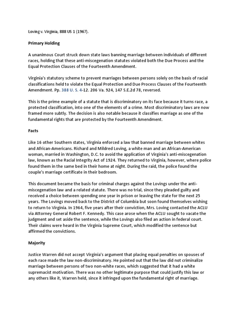 Loving V Virginia Digest Equal Protection and Substantive Due Process ...