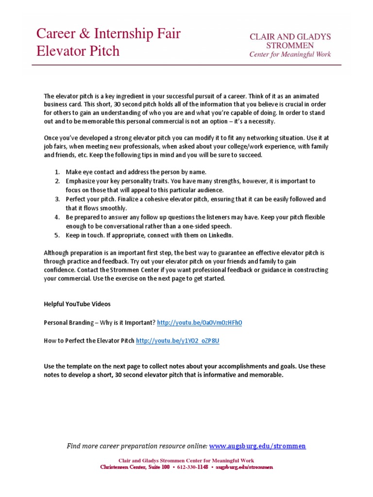 Elevator Pitch Hand Out | PDF | Behavioural Sciences | Cognition