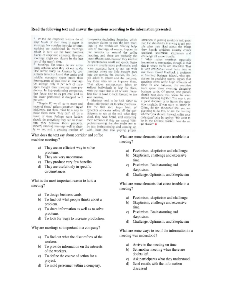 Read The Following Text and Answer The Questions According To The ...