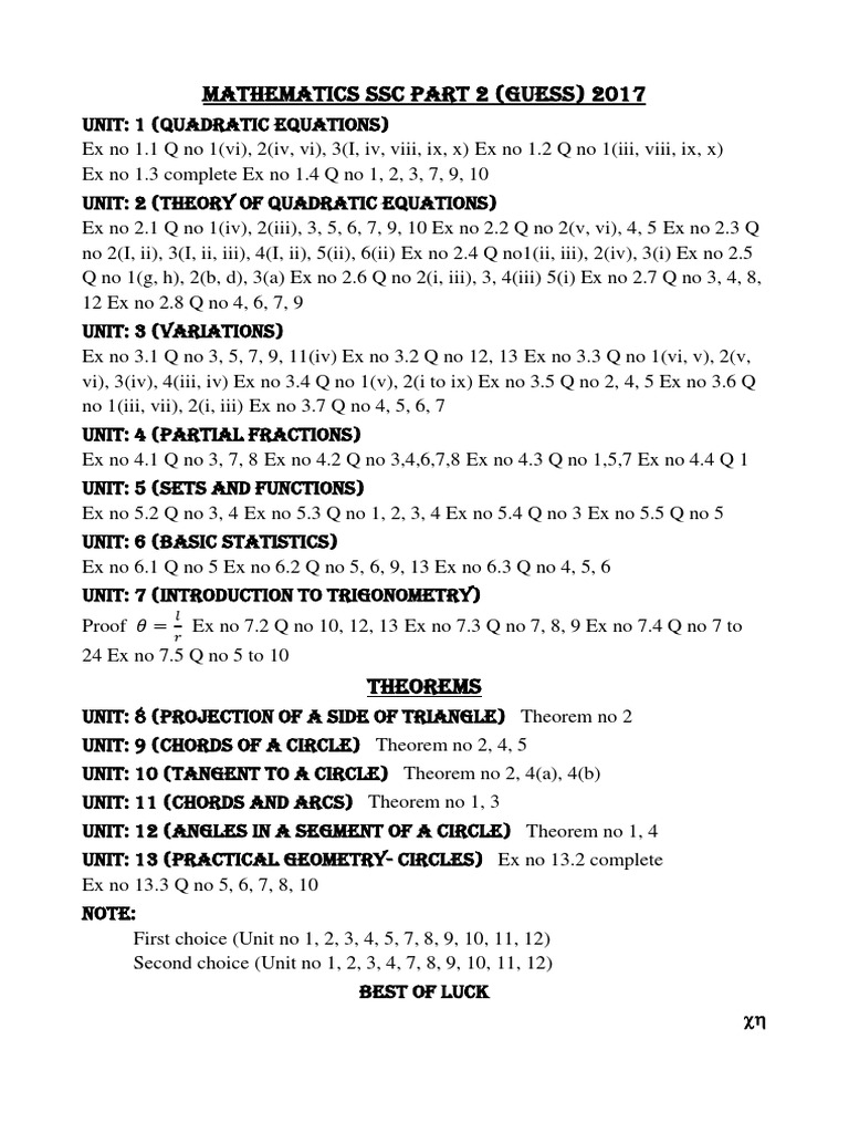 Mathematics SSC Part 2 (Guess) 2017 | PDF