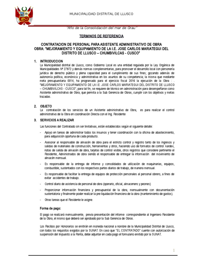 TDR Asistente Administrativo Ccorca | PDF | Gobierno local | Economias