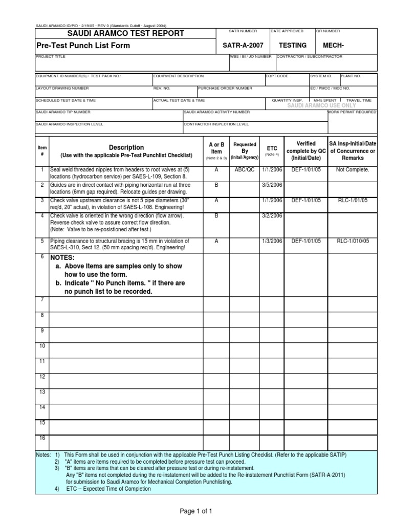 Saudi Aramco Test Report Pre-Test Punch List Form: Testing Mech-SATR-A ...