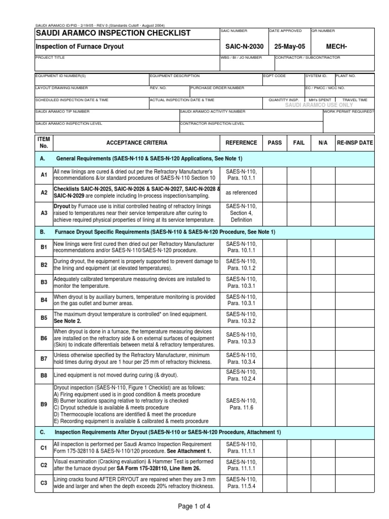 Saudi Aramco Inspection Checklist: Inspection of Furnace Dryout SAIC-N ...