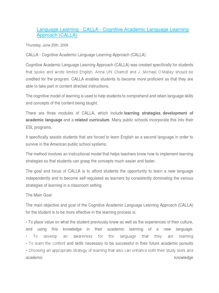 Language Learning - CALLA - Cognitive Academic Language Learning ...