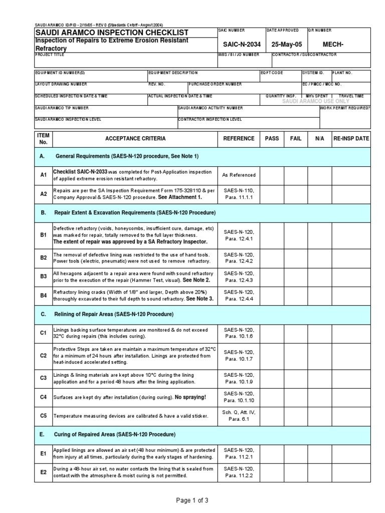 Inspection of Refractory Repairs SAIC-N-2034 | PDF | Refractory | Materials