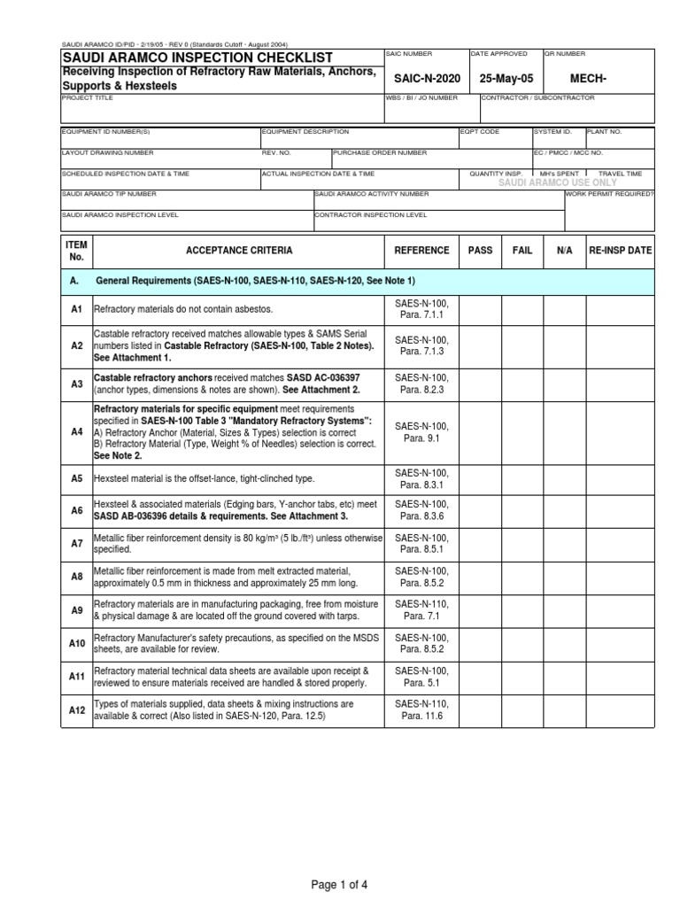 SAIC-N-2020 RecvInspRefractRawMatlsAnchSuppHexsteel-EL-Rev PDF | PDF | Refractory | Materials