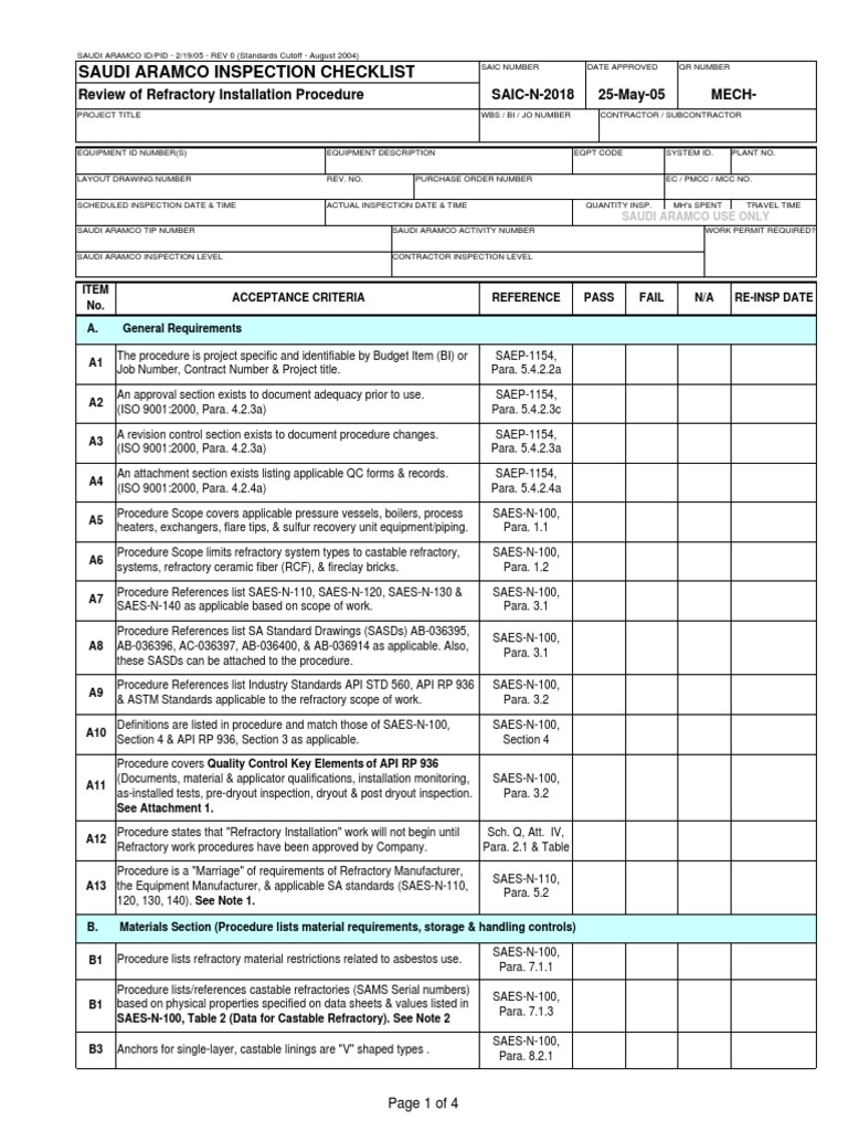 Saudi Aramco Inspection Checklist: Review of Refractory Installation ...