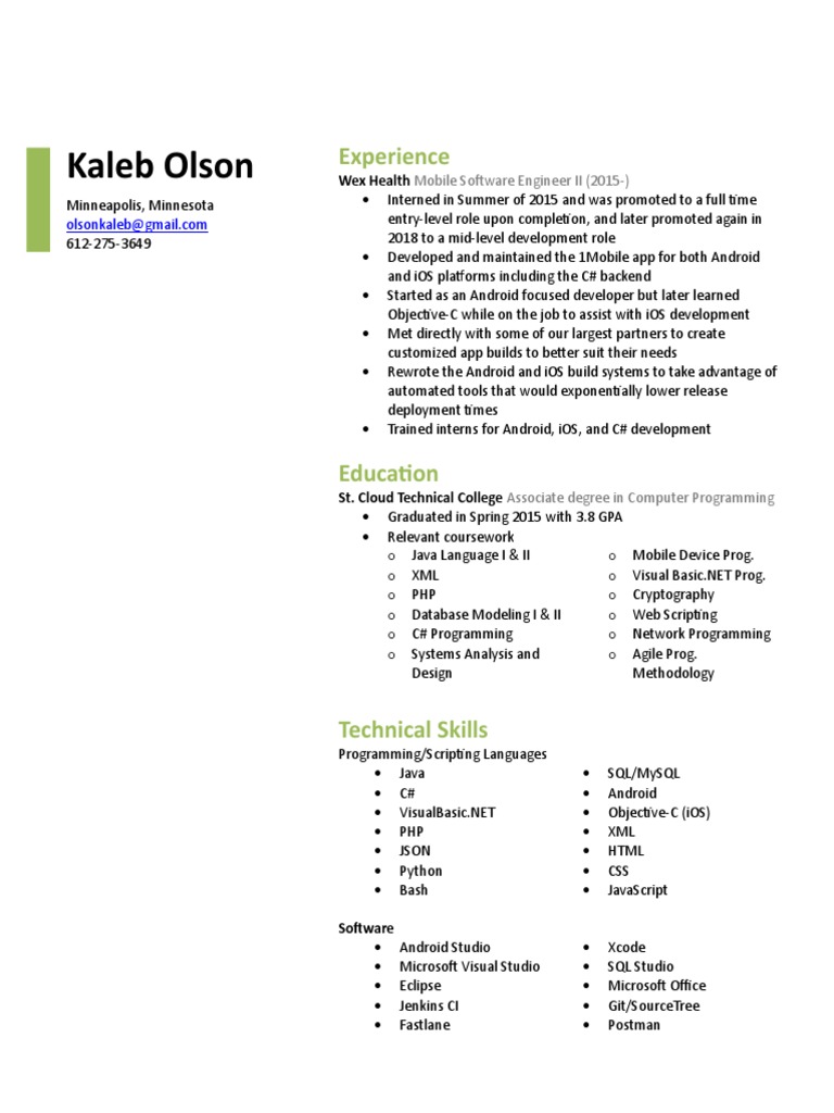 Kaleb Olson - Resume | PDF | Scripting Language | Android (Operating System)