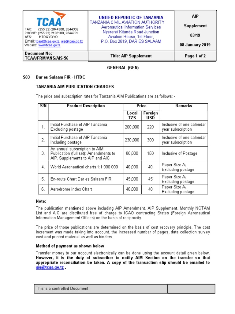Tanzania AIP Supplement Pricing Details | PDF | Payments | Tanzania
