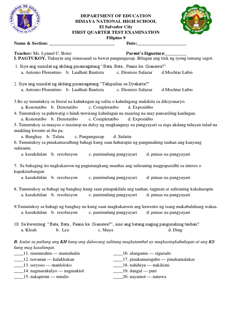 Filipino 9 First Quarter Examination | PDF