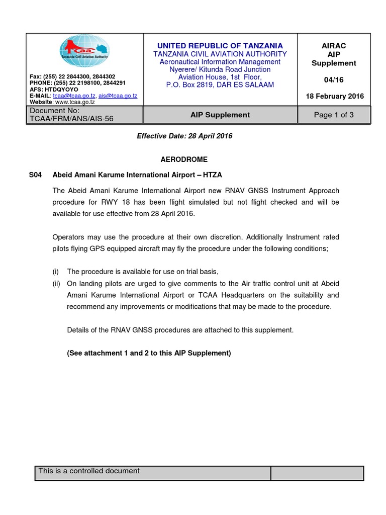 Aip Sup 04 2016 Htza Rnav Gnss Apch Procedure Rwy 18 | PDF | Airport ...