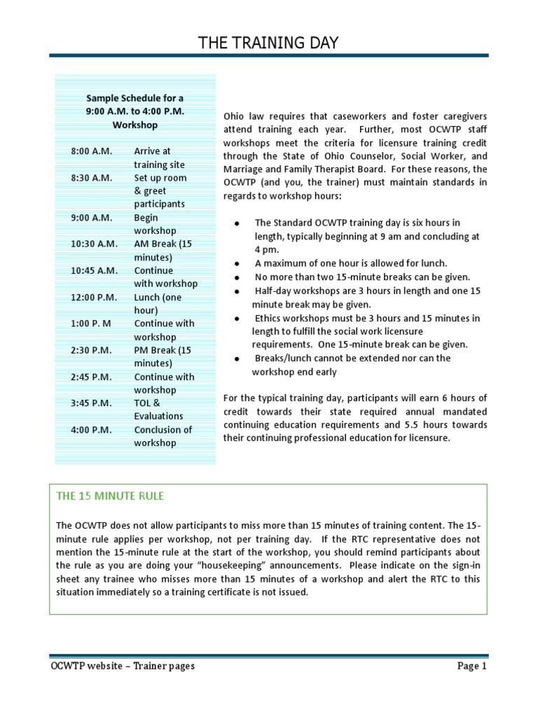 The Training Day: Sample Schedule For A 9:00 A.M. To 4:00 P.M. Workshop ...
