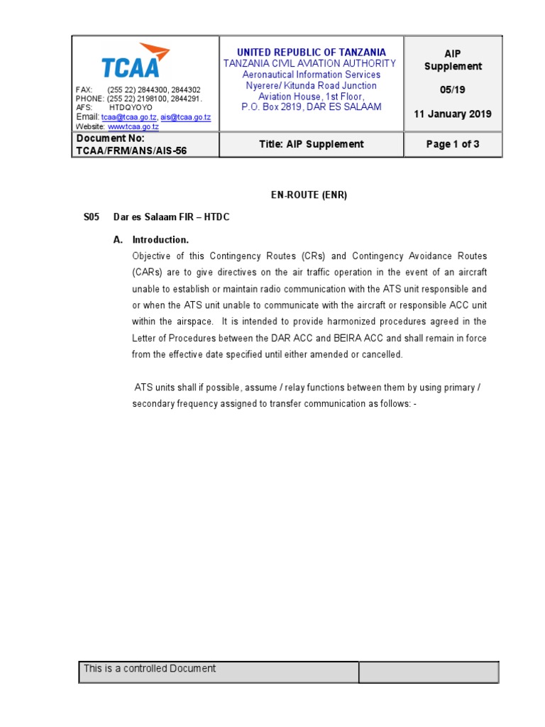 Tanzania AIP Supplement: Contingency Routes | PDF | Telecommunications ...