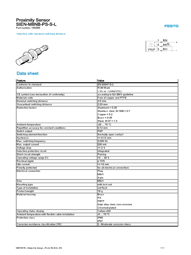 Proximity Sensor Sien-M8Nb-Ps-S-L: Data Sheet | PDF | Corrosion | Switch