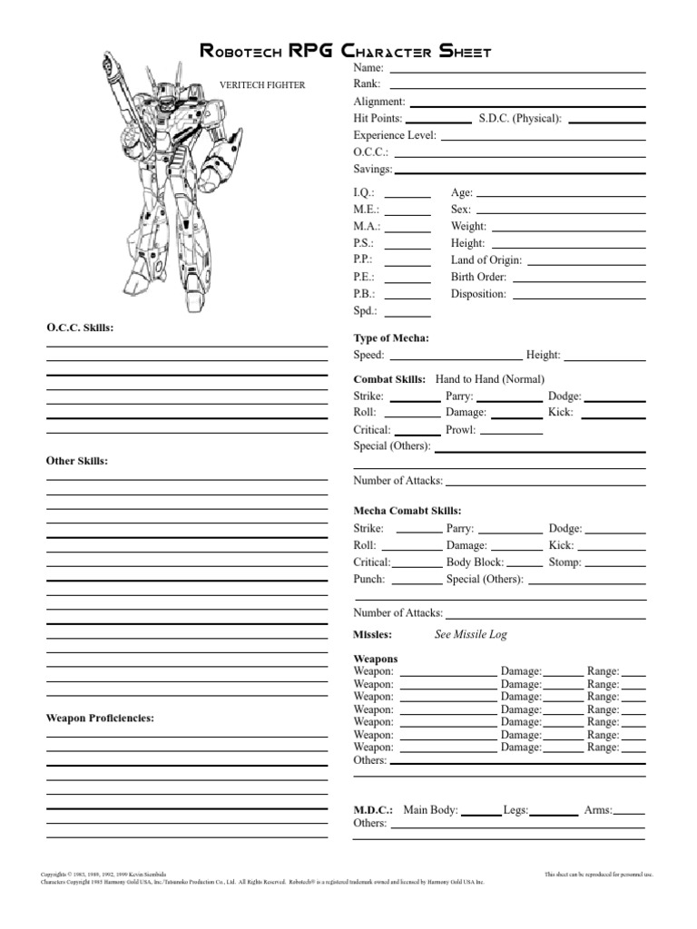 Robotech RPG Character Sheet: O.C.C. Skills: Type of Mecha | PDF | Leisure | Sports