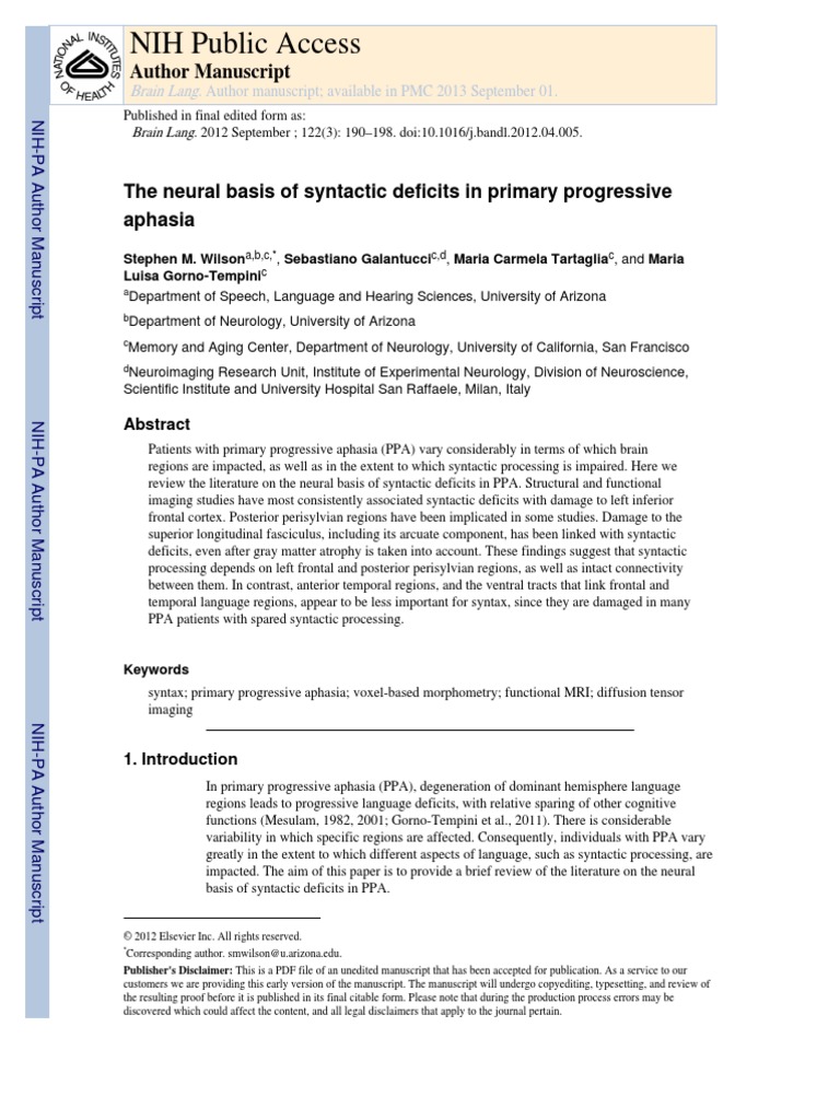 NIH Public Access: The Neural Basis of Syntactic Deficits in Primary Progressive Aphasia | PDF ...