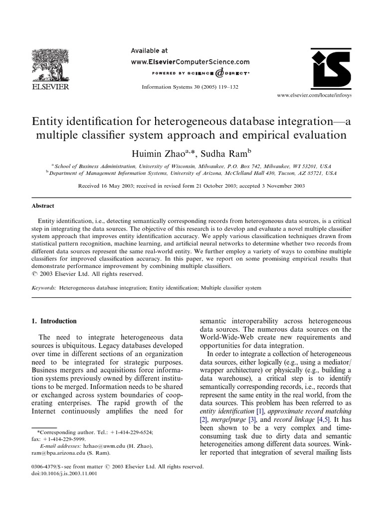 Entity Identification For Heterogeneous Database Integration A Multiple Classifier System ...