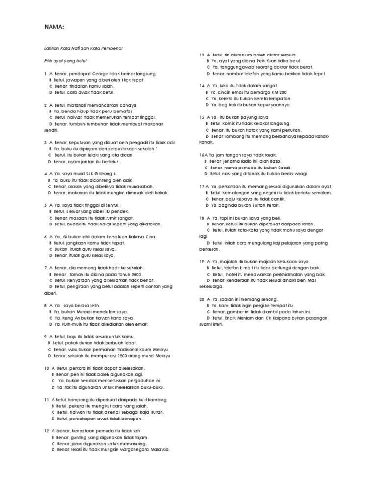 Latihan Kata Nafi Dan Kata Pembenar | PDF