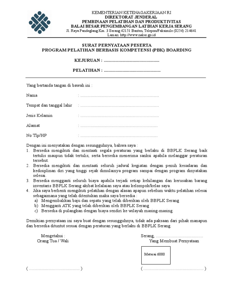 Surat Pernyataan Mengikuti PBK Boarding | PDF
