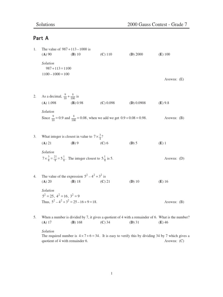 Solutions 2000 Gauss Contest - Grade 7: Part A Part A Part A Part A ...