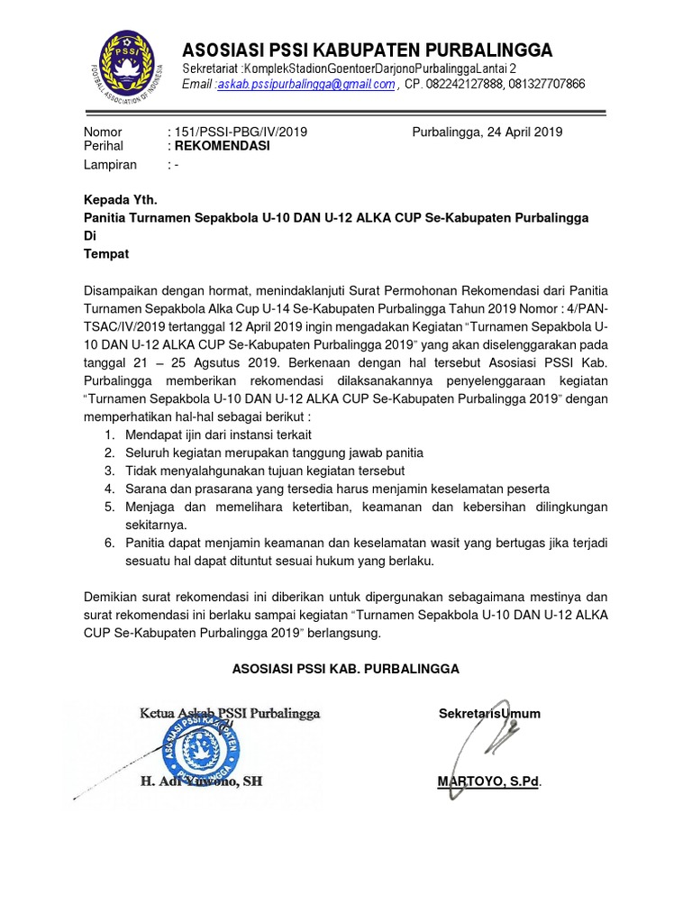 Surat Rekomendasi Pssi Turnamen Sepakbola U-10 Dan U-12 | PDF