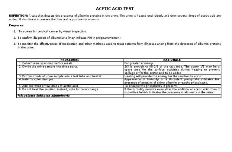 Acetic Acid Test | PDF | Urine | Acid