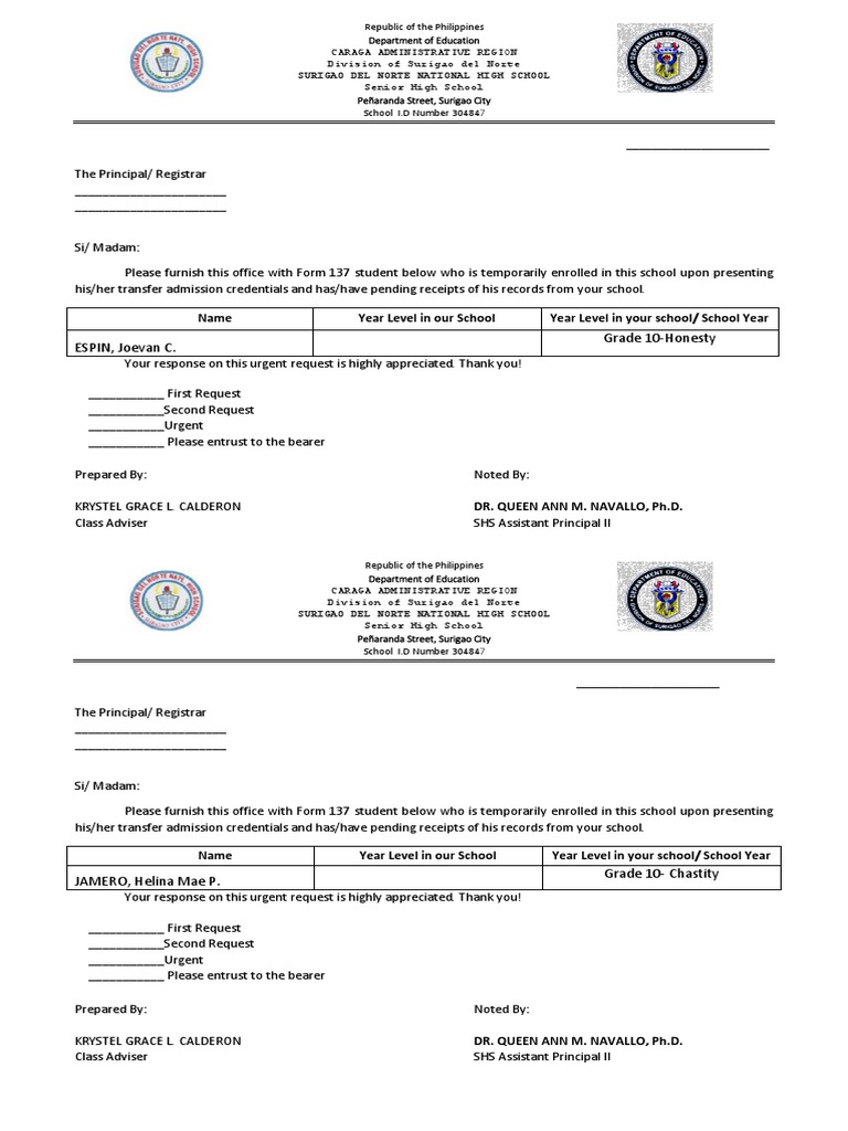 Letter Request For Form 137 | PDF | Educational Stages | Secondary ...