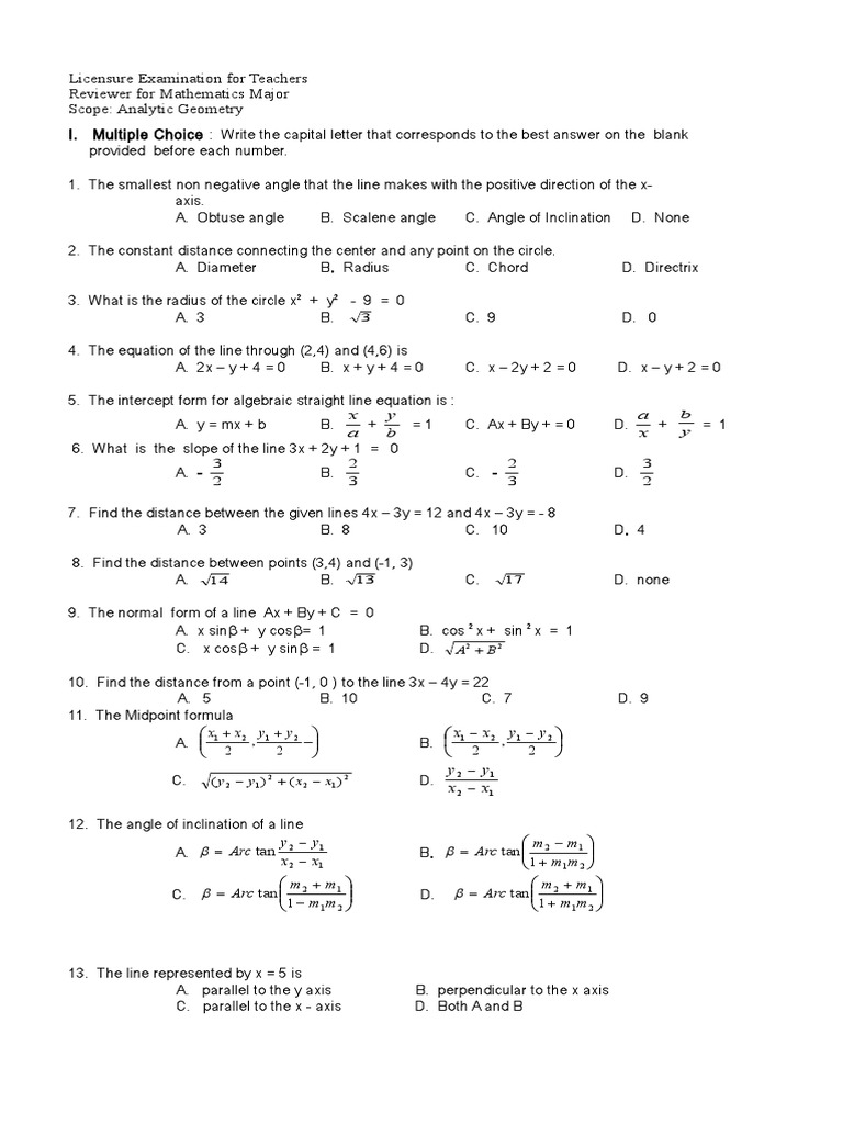 Exam in Analytic Geometry With Answers | PDF | Line (Geometry ...