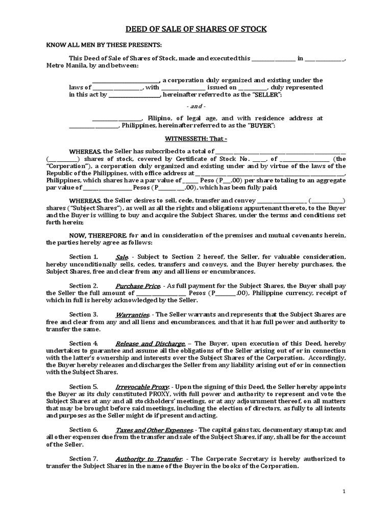 Deed of Sale of Shares of Stock | PDF | Stocks | Deed