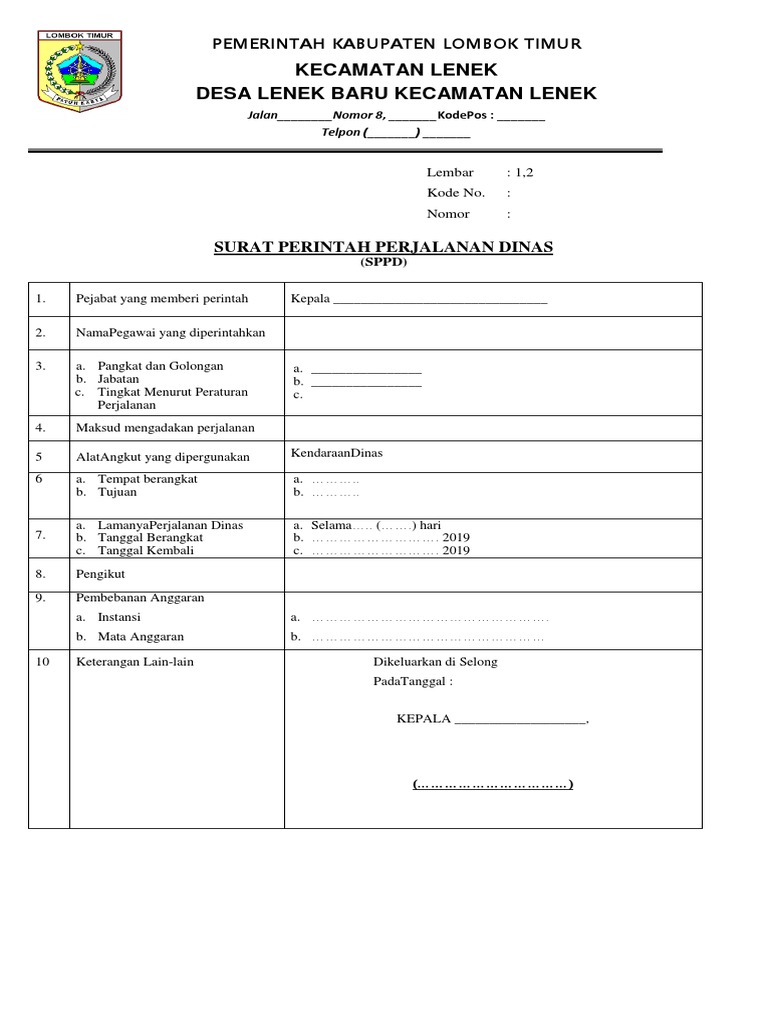 Contoh Format SPPD Perjalanan Dinas | PDF