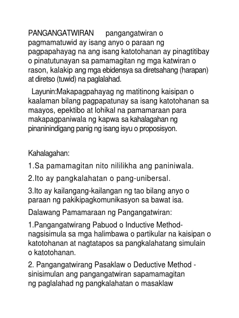 PANGANGATWIRAN Pangangatwiran o Pagmamatuwid Ay Isang Anyo o | PDF