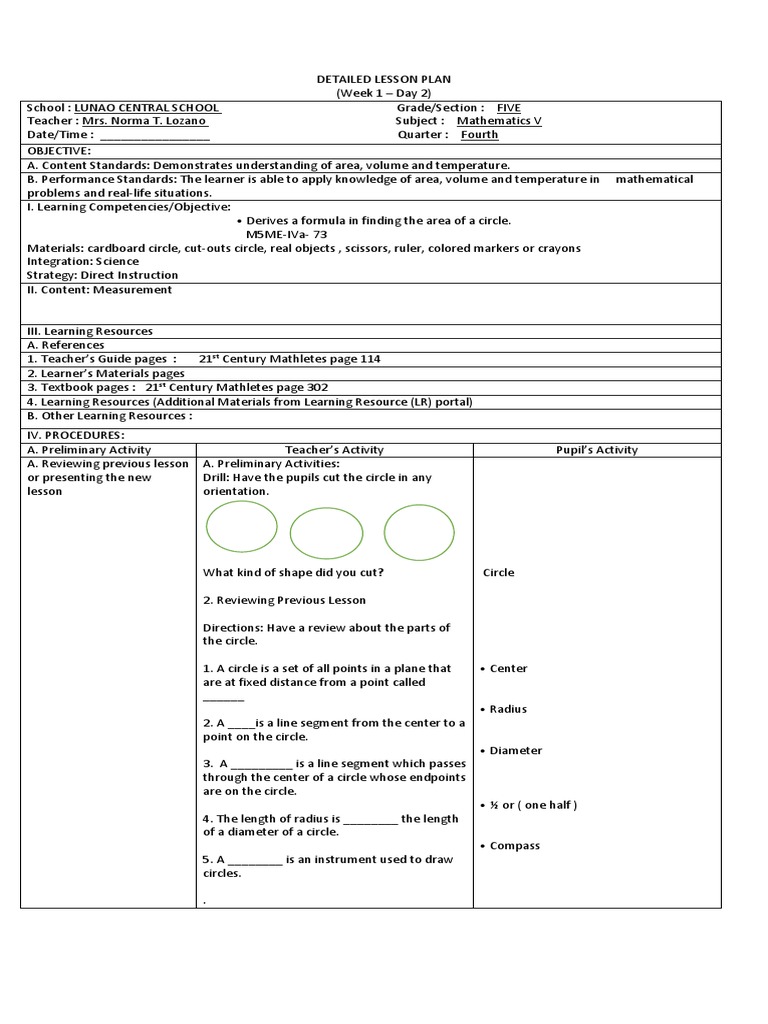 DLP Contextualized Math 5 - N. Lozano | PDF | Area | Circle