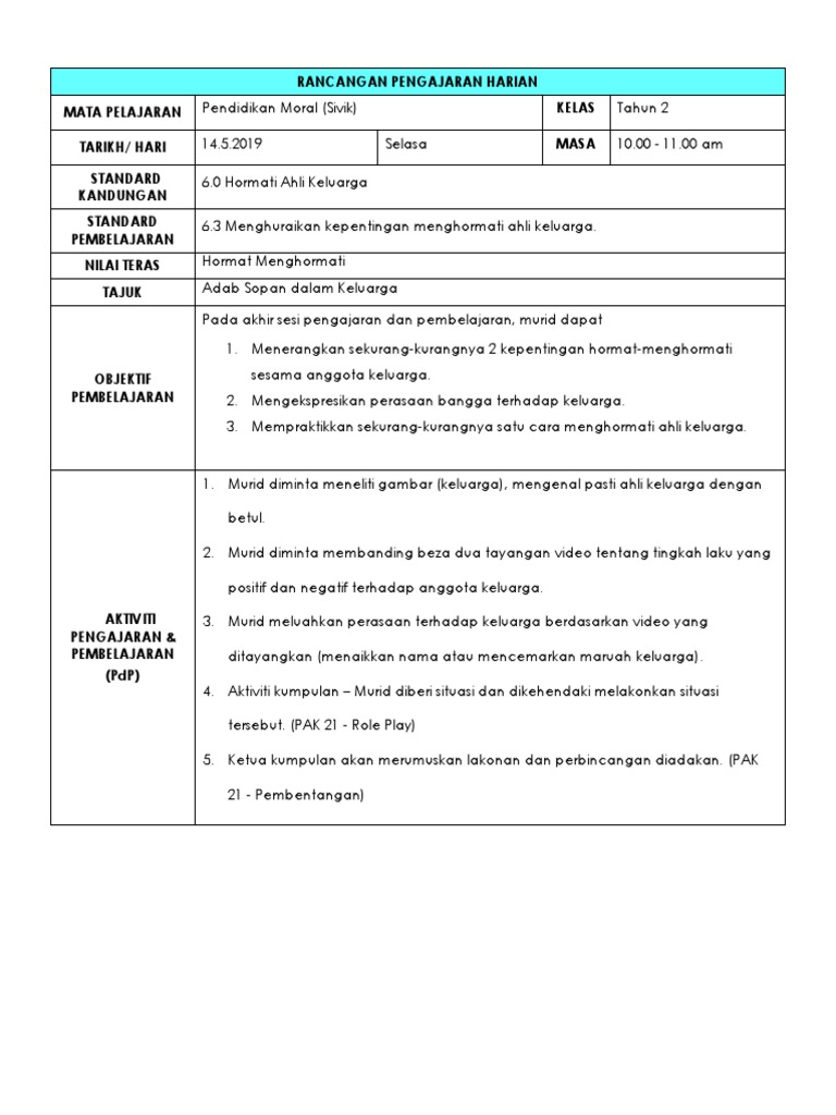 Contoh RPH Sivik (Moral) | PDF