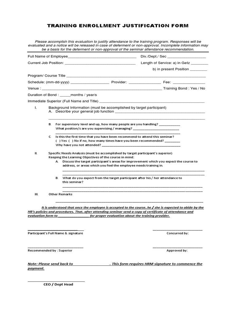 Training Enrollment Justification Form | PDF | Business