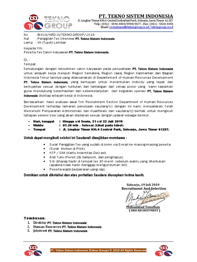 Undangan Interview PT. Tekno Sistem Indonesia (Tekno Group) 2019 ...