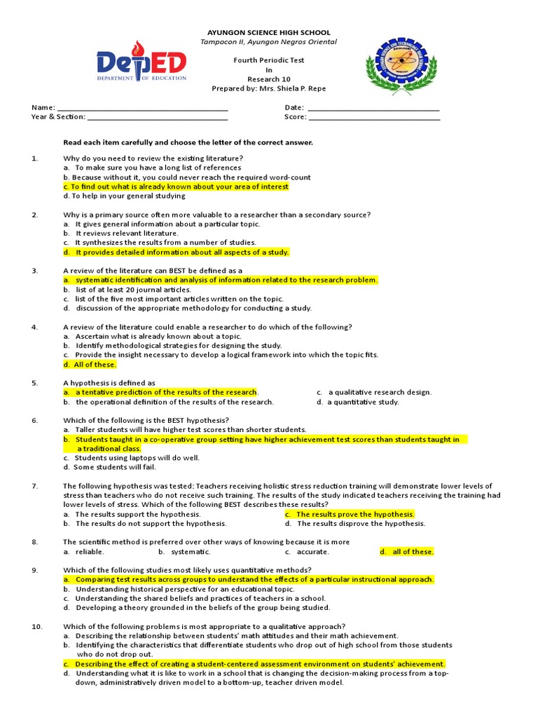 4th PT in Research 10 FOR PRINT | PDF | Data Analysis | Scientific Method