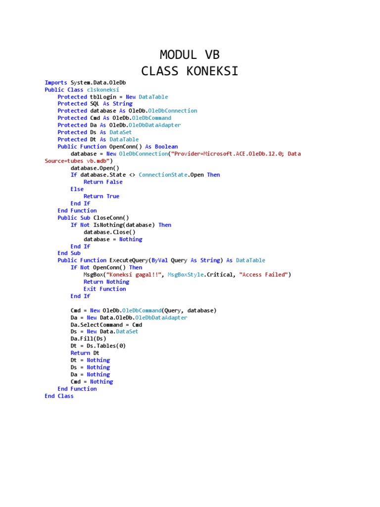 Modul VB Class Koneksi | PDF | Data Set | Visual Basic .Net