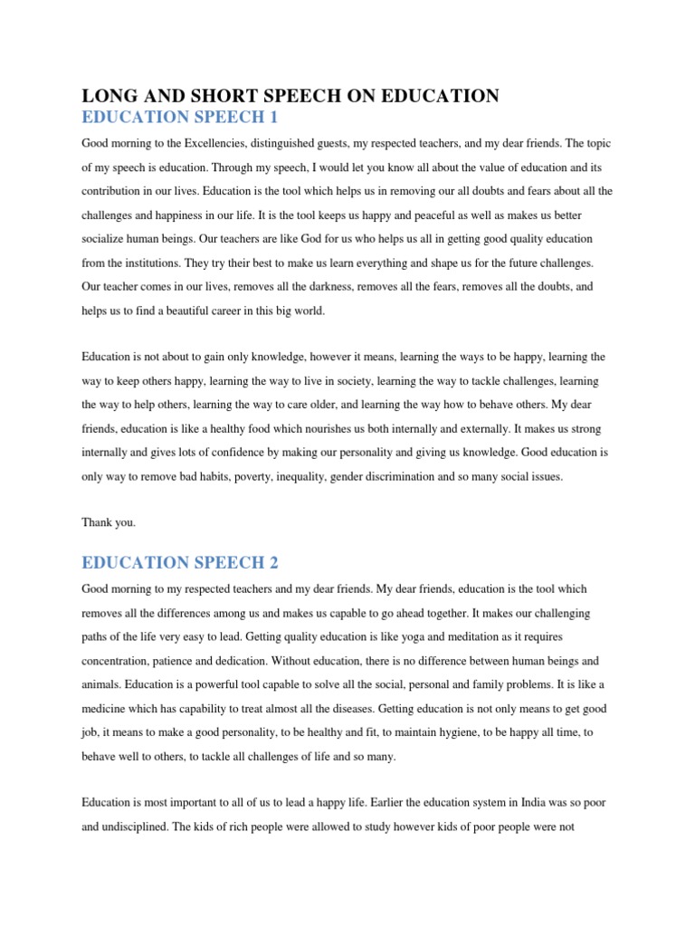 Long and Short Speech On Education | PDF | Gender Inequality | Gender ...