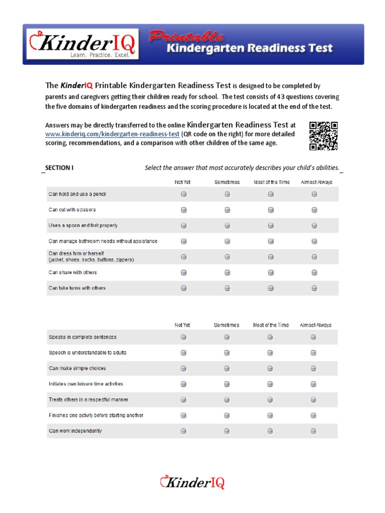 KinderIQ Printable Kindergarten Readiness Test PDF | PDF