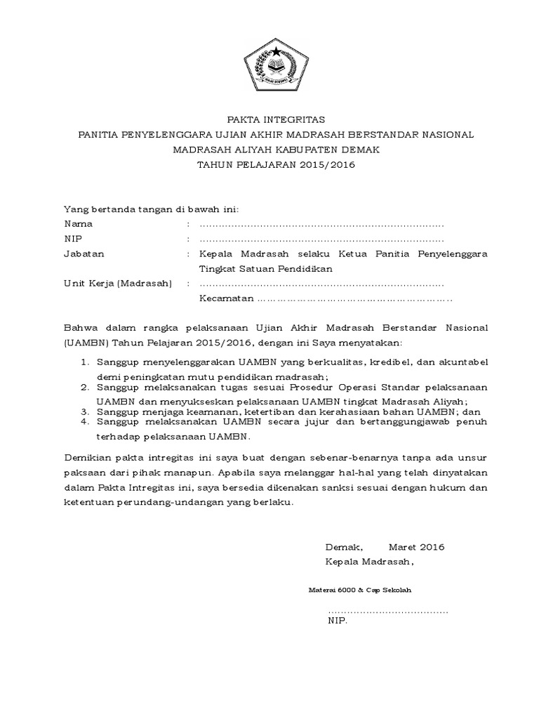 Contoh Pakta Integritas Panitia Petugas Pengawas | PDF
