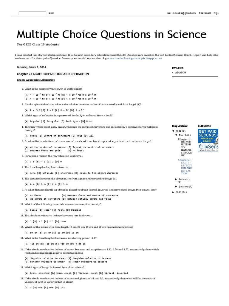 Multiple Choice Questions in Science - Chapter 2 - LIGHT - REFLECTION ...