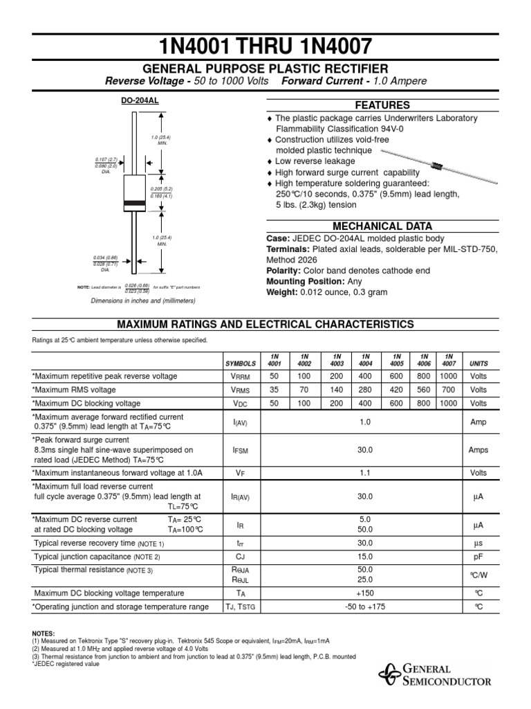 1N4001 THRU 1N4007: General Purpose Plastic Rectifier | PDF | Rectifier | Volt