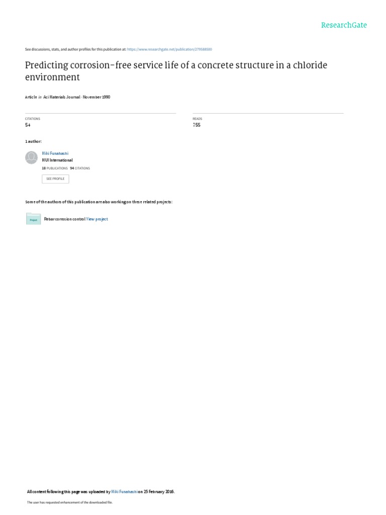 Predicting Corrosion-Free Service Life of A Concrete Structure in A Chloride Environment | PDF ...
